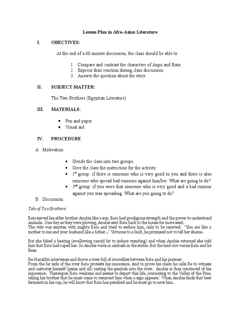 Lesson Plan in Afro-Asian Literature I. Obectives:: Tale of Two ...