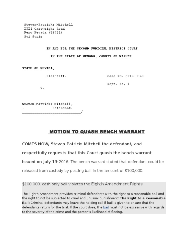 Motion To Quash Bench Warrant | PDF | Eighth Amendment To The United ...