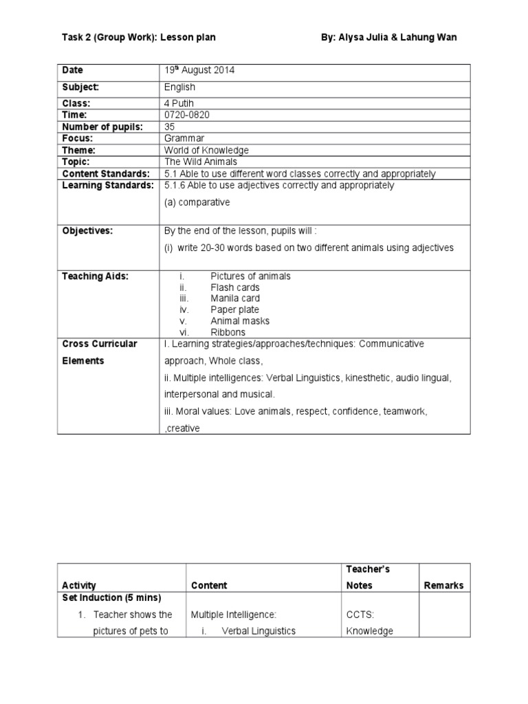 English Year 4 KSSR Lesson Plan Example | PDF | Lesson Plan | Teaching