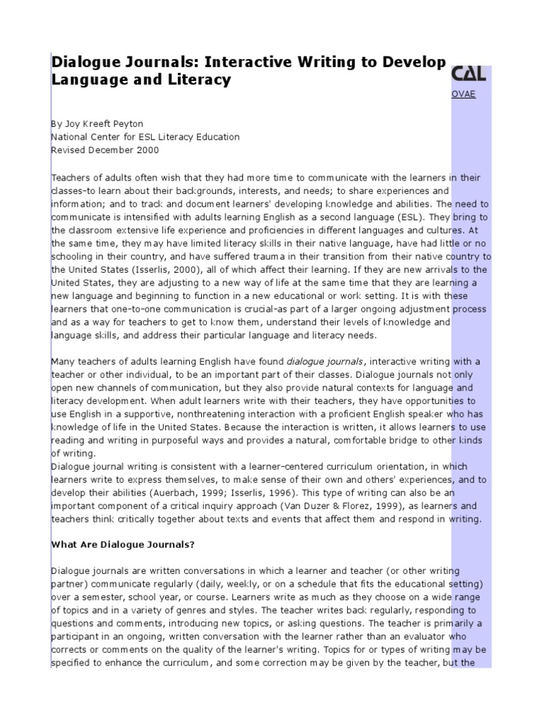 Dialogue Journals: Interactive Writing To Develop Language and Literacy ...