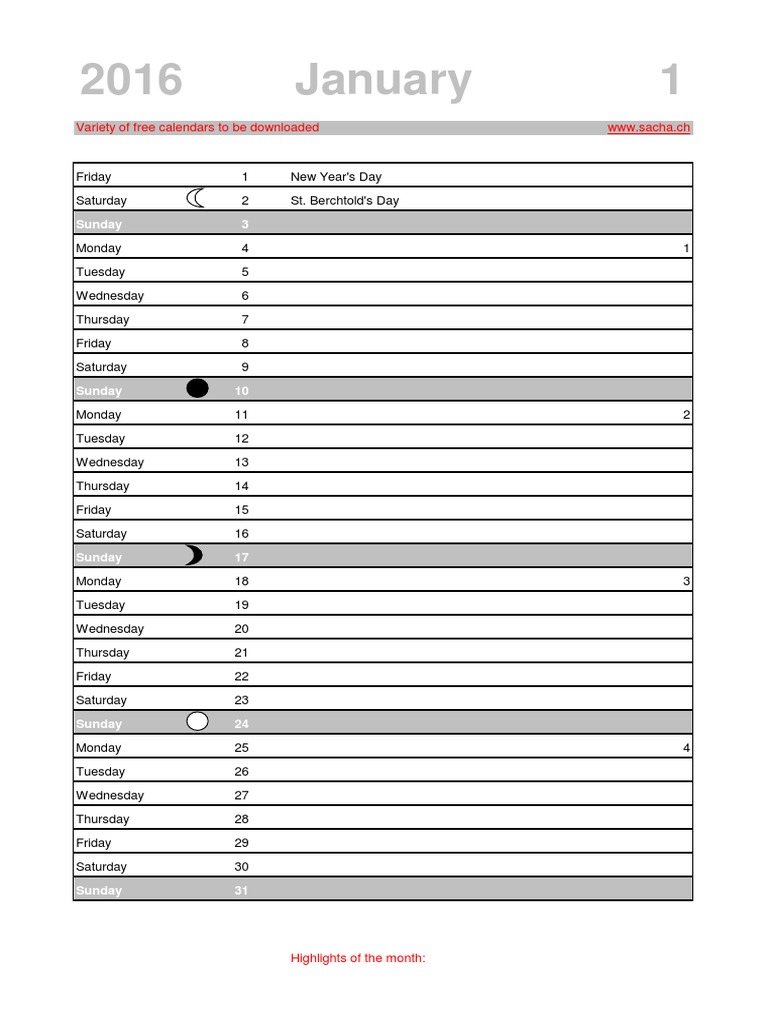 2016 January 1: Variety of Free Calendars To Be Downloaded WWW - Sacha ...