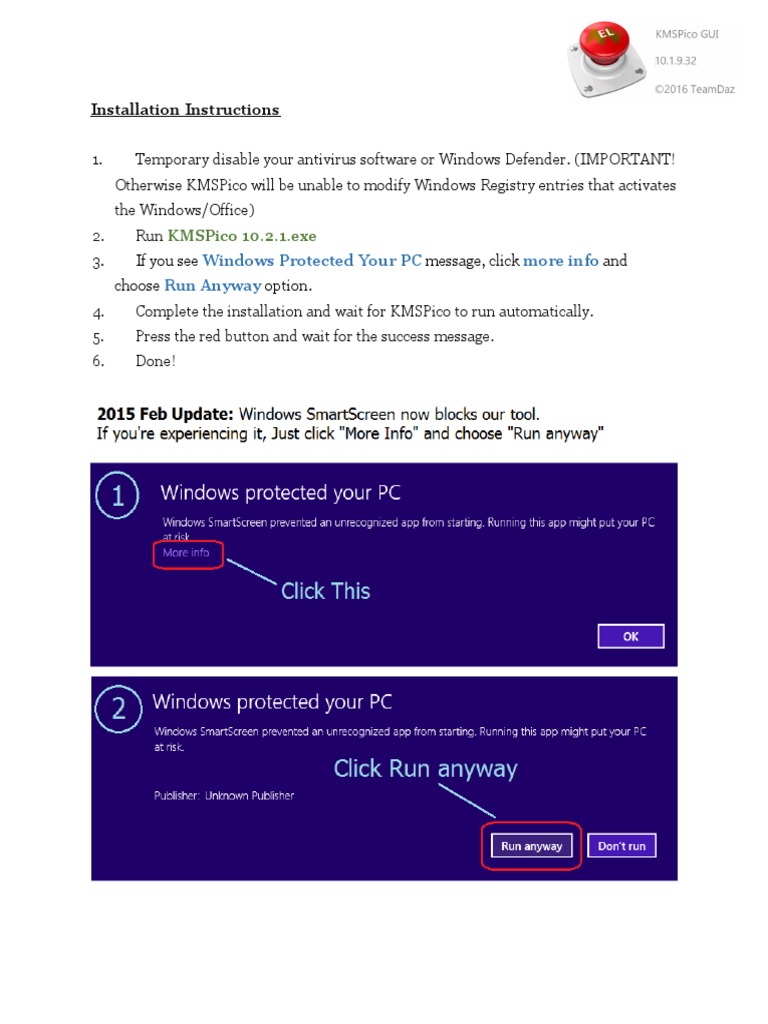 Installation Instructions: Kmspico 10.2.1.exe | PDF | Computers