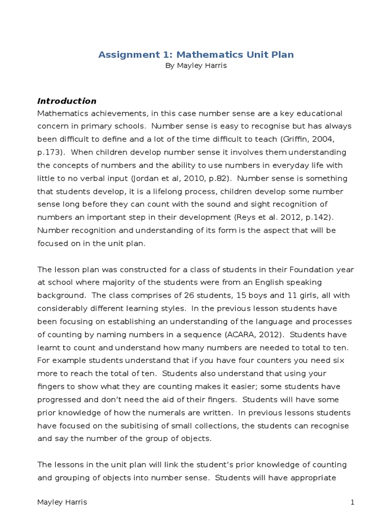Foundation Maths Unit Plan: Number Sense | PDF | Educational Assessment ...