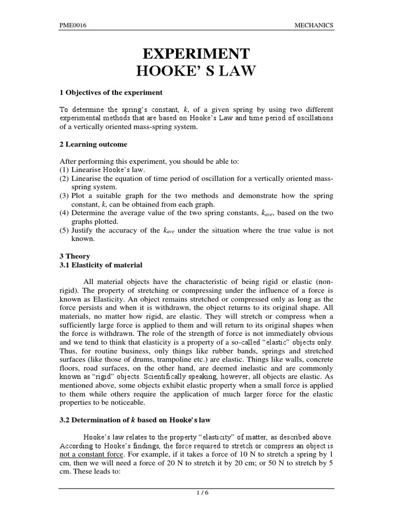 Experiment Hooke' S Law: 1 Objectives of The Experiment | PDF | Elasticity (Physics) | Force