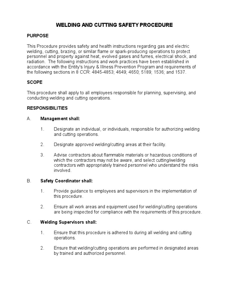 Welding and Cutting Safety Procedure: Purpose | PDF | Technology ...
