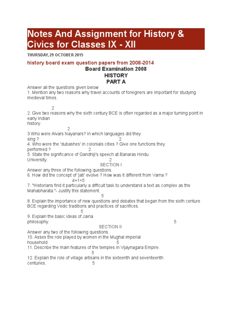 Notes And Assignment for History & Civics for Classes IX - XII
