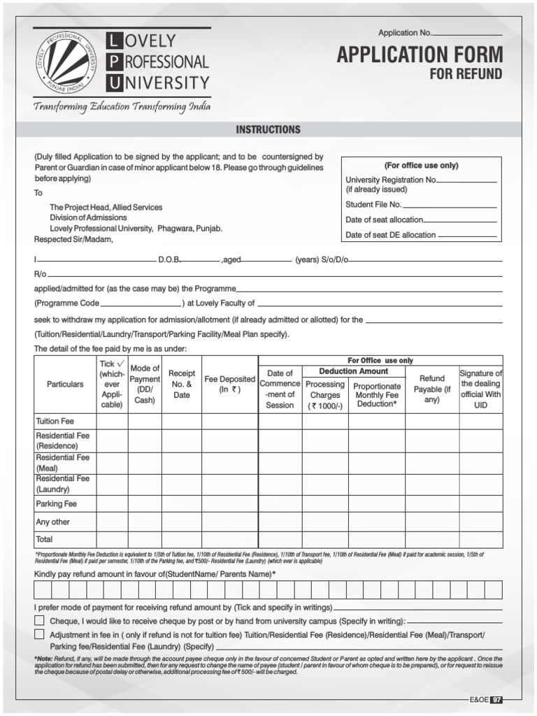 Application Form: For Refund | PDF | Cheque | Fee