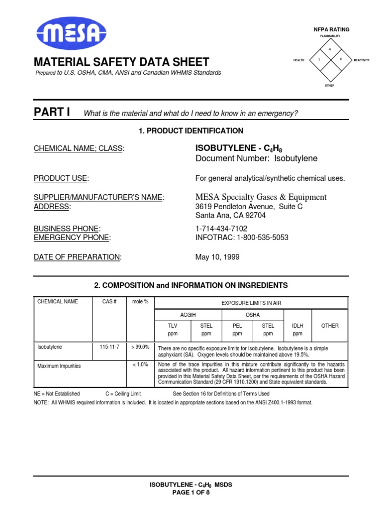 Material Safety Data Sheet for Isobutylene | PDF | Dangerous Goods | Superfund