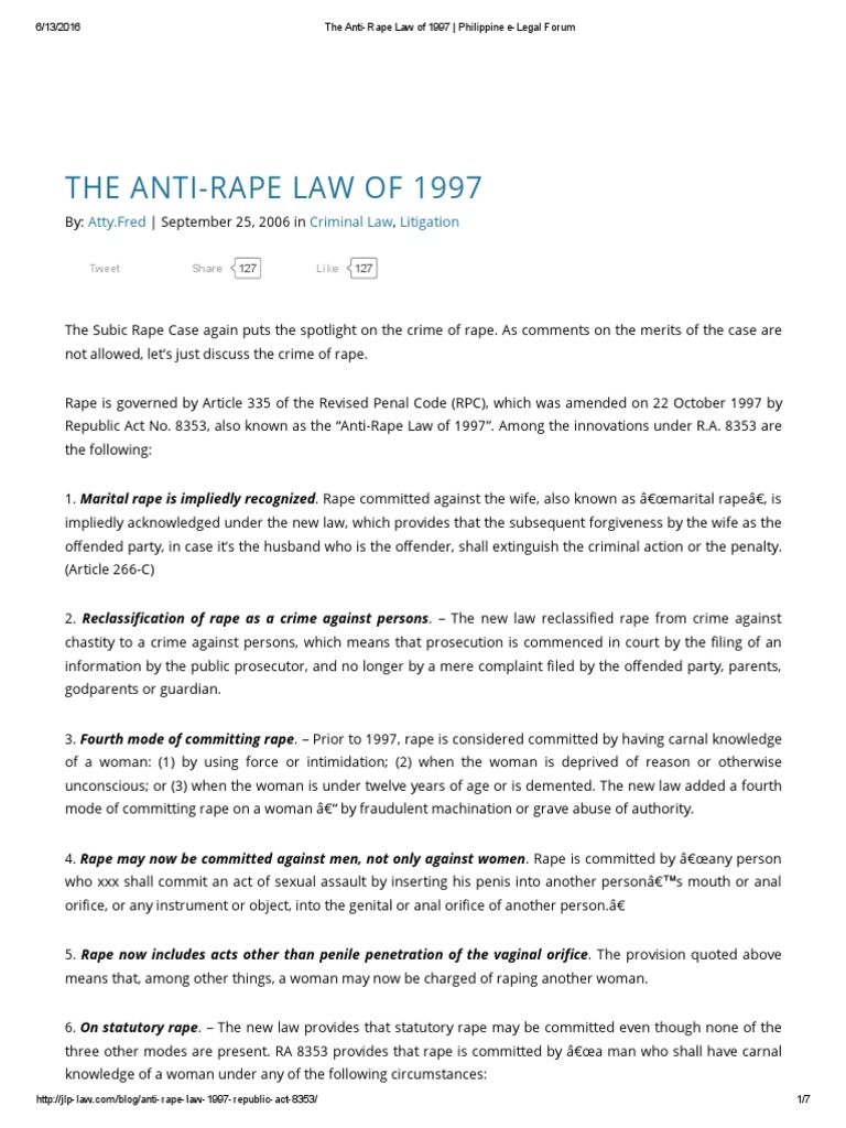 The Anti-Rape Law of 1997 - Philippine E-Legal Forum PDF | Download ...