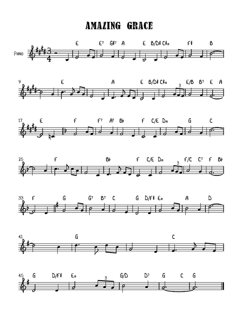 Amazing Grace: E E7 G©7 A E B/D© C© F© B | PDF