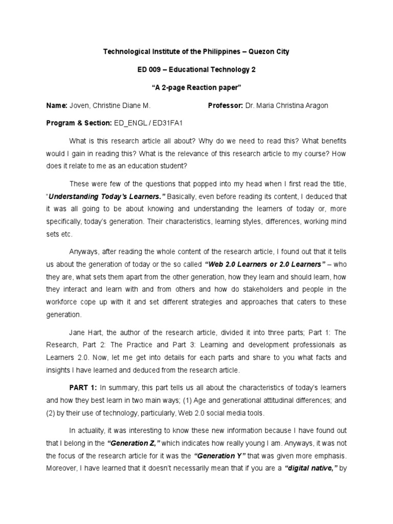 Example Of Reaction Paper About Education