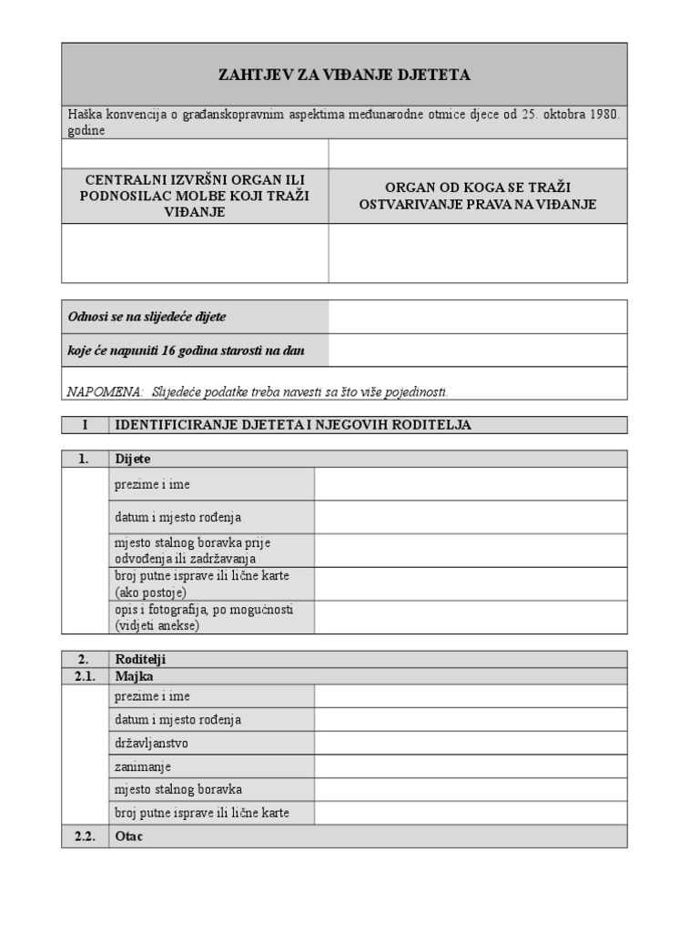 Obrazac Zahtjeva Za Vidjanje Djeteta | PDF