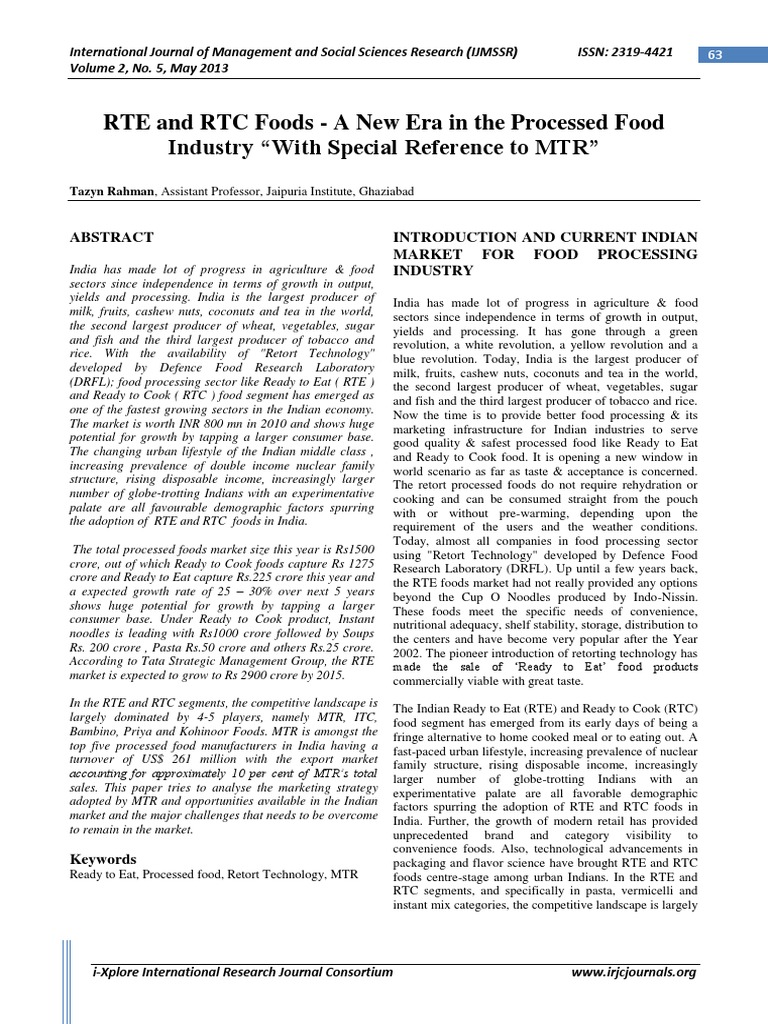 RTE and RTC Foods PDF | PDF | Indian Cuisine | Pressure Cooking