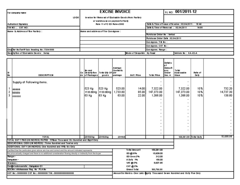 Excise Invoice for Excisable Goods | PDF