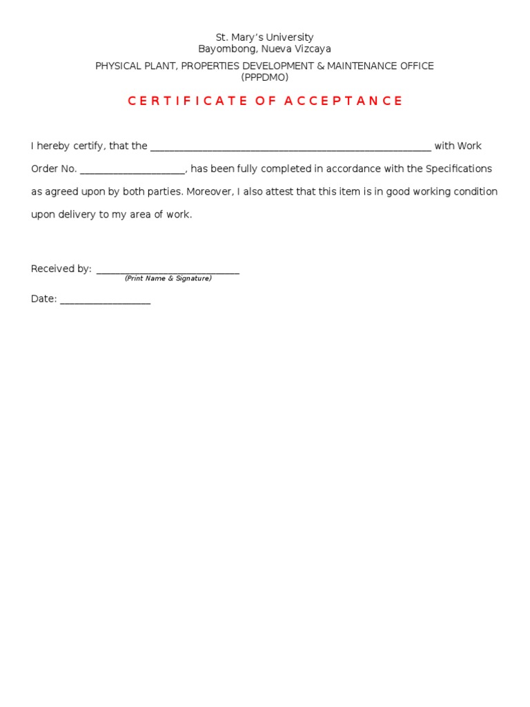 Certificate of Acceptance: (Print Name & Signature) | PDF