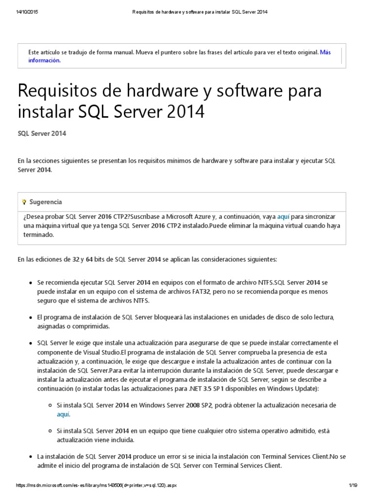 Requisitos de Hardware y Software para Instalar SQL Server 2014 | PDF | Servidor SQL de ...
