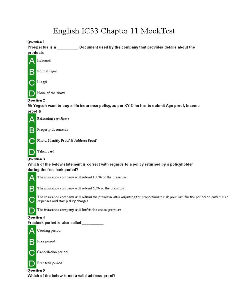 Ic 33 Mock Test Pdf Assignment Law Insurance