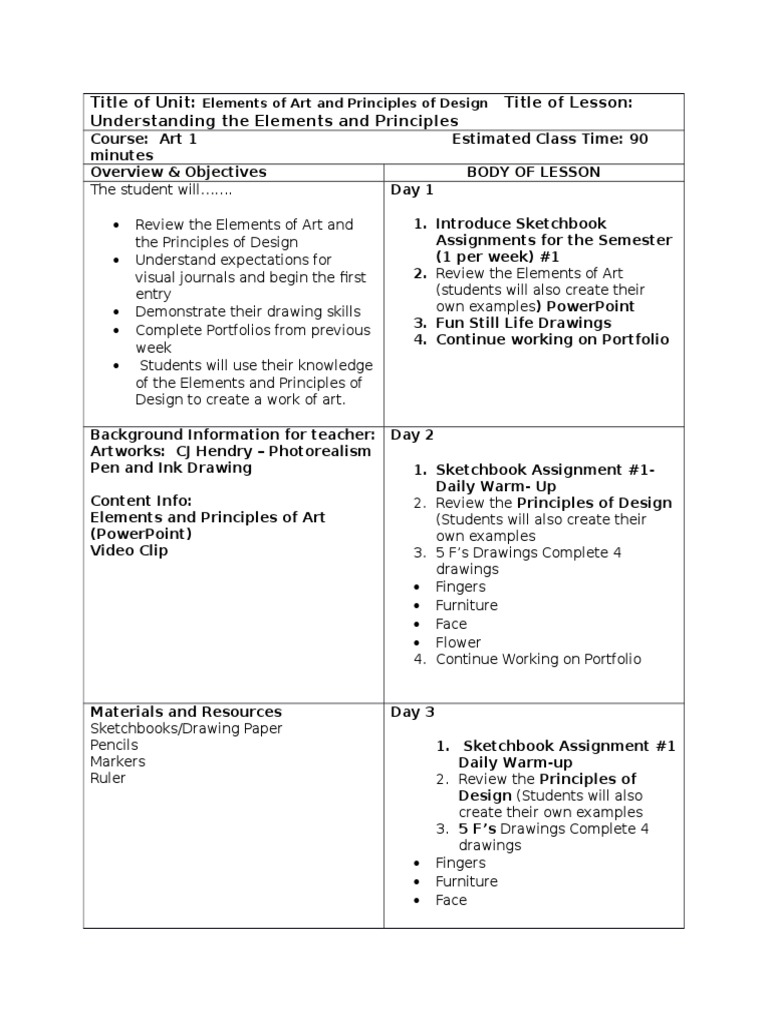 Visual Arts Lesson Plan Week 2 August 1 - August 5 | PDF