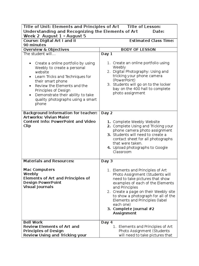 digital photography i and ii lesson plans week 2