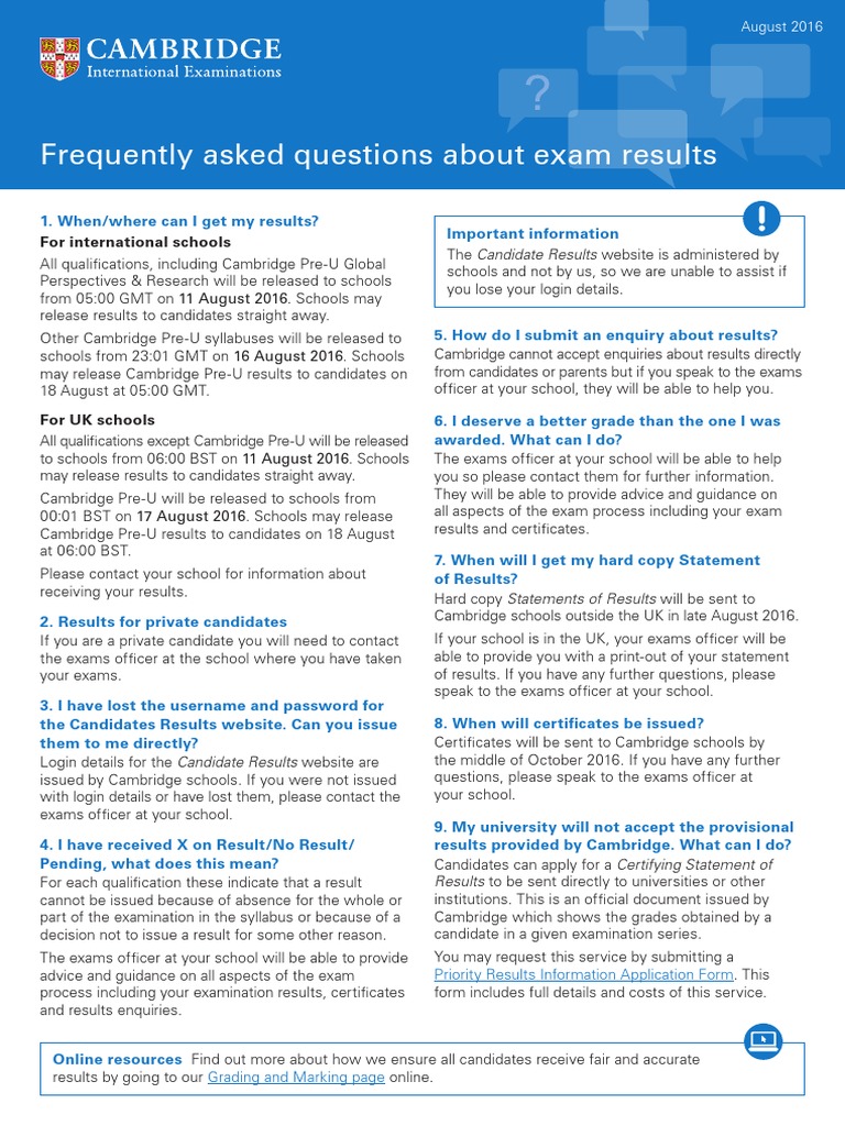 June 2016 Results FAQs Guide For Learners (1) Cambridge | PDF ...
