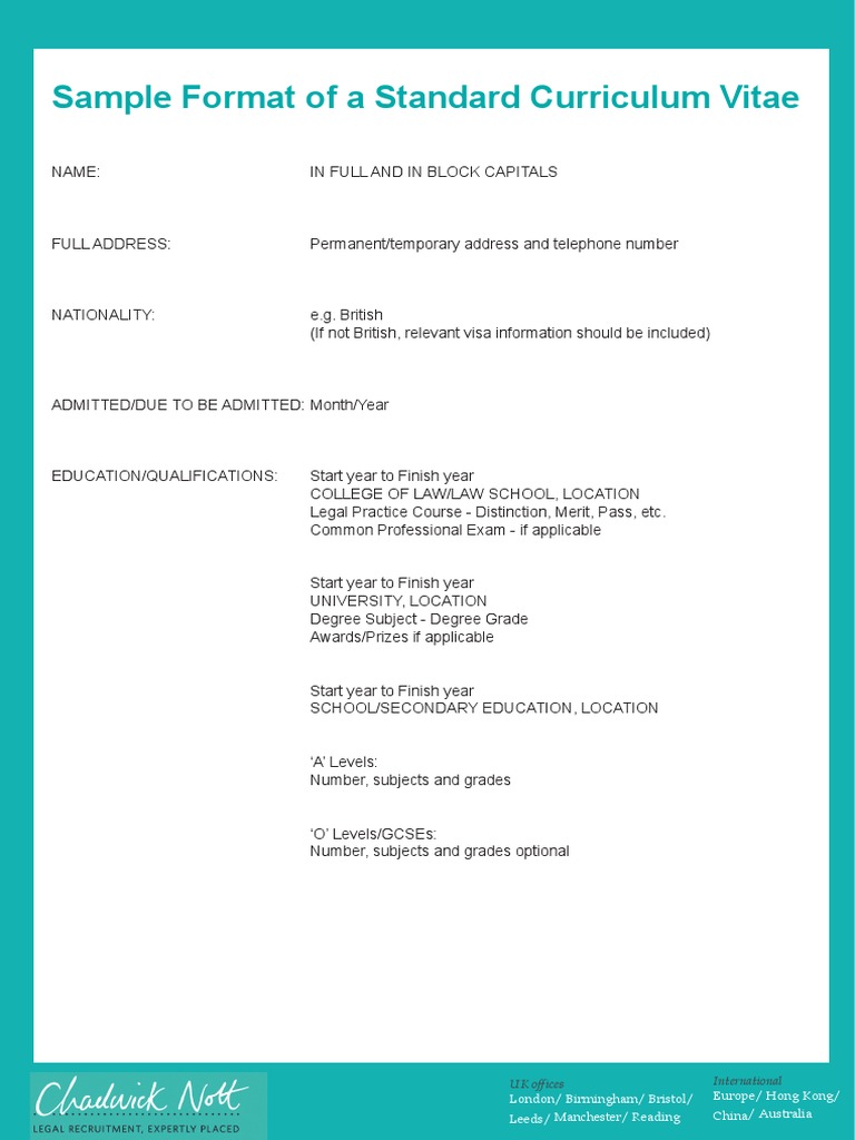 Sample Format of A Standard Curriculum Vitae: UK Offices International ...