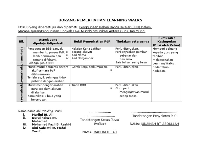 Borang Pemerhatian Learning Walks | PDF