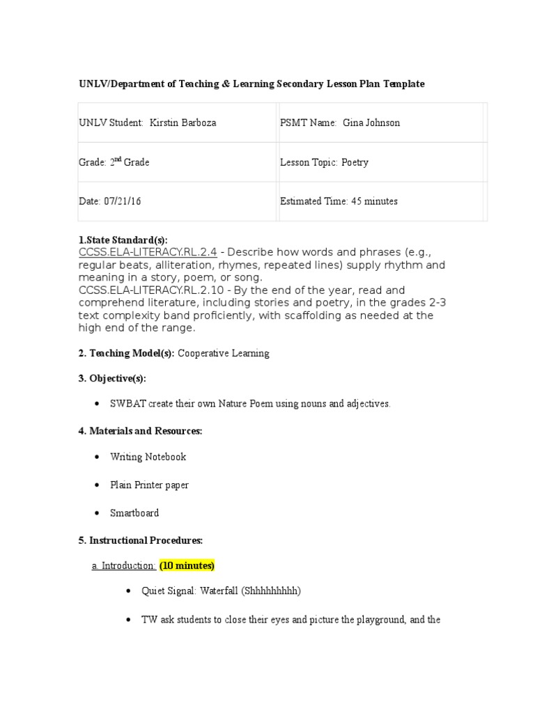 2nd Grade Poetry Lesson Plan | PDF | Adjective | Poetry