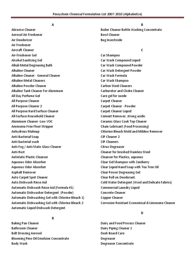 Chemical Formulation List 2007 2010 PDF | PDF