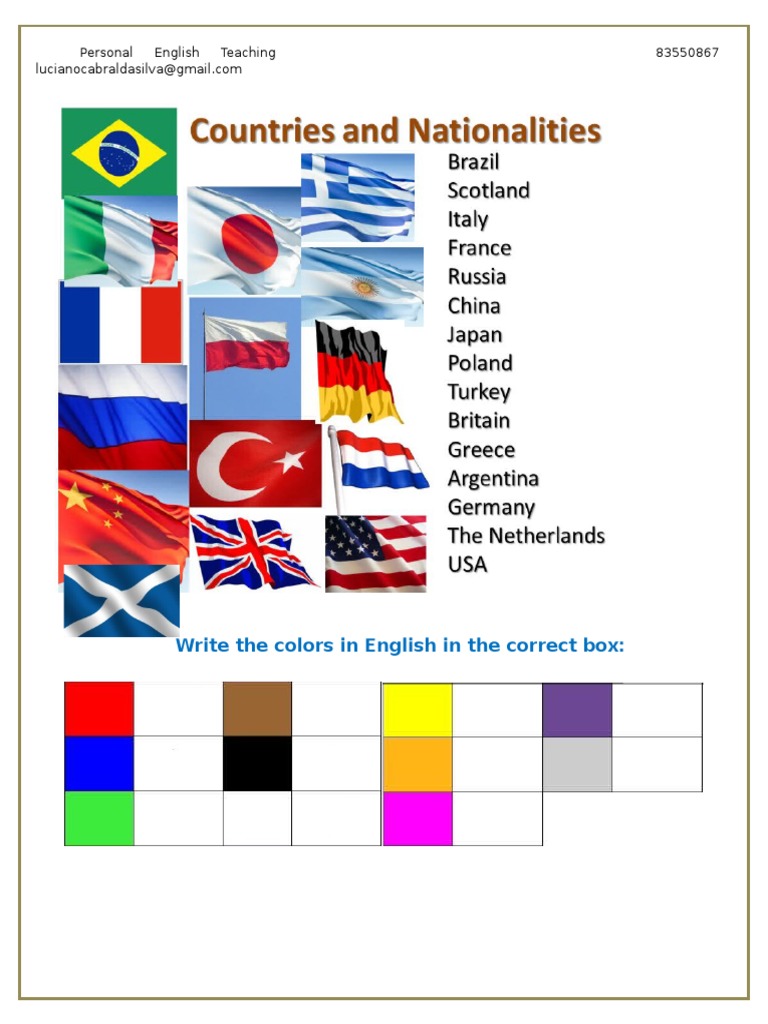 Countries Nationalities Colors Flags Elementary | PDF