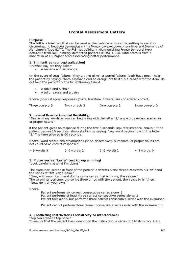 Frontal Assessment Battery SVUH MedEl Tool | PDF | Dementia | Psychiatry