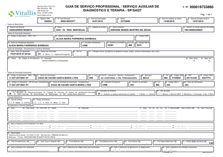 Guia TISS 18733860_Guia_SADT_Arquivo1.pdf | Medicina clínica | Ciências da Saúde
