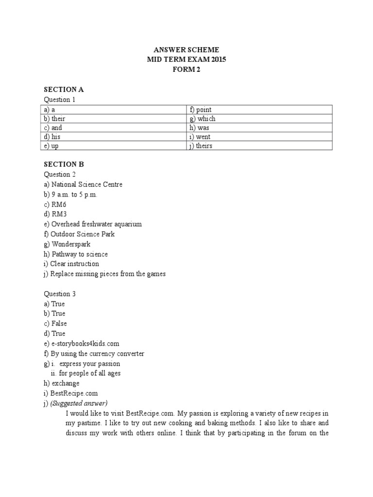 Answer Scheme Mid Term Exam 2015 Form 2 Section A | PDF