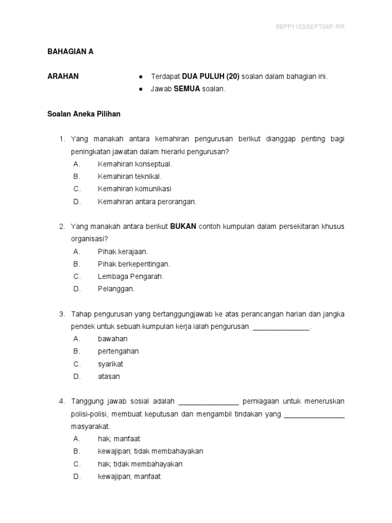 Soalan Final Bbpp1103 Sept06 BM | PDF