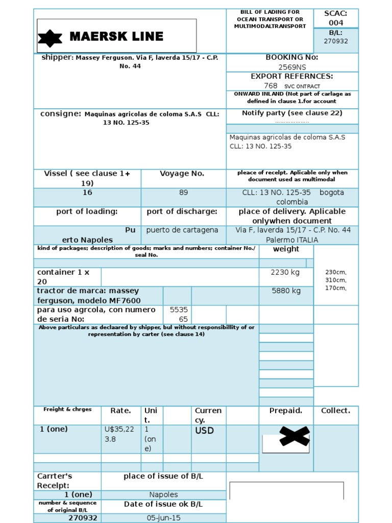 Maersk Line Bill of Lading Example | PDF