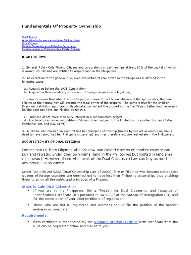Fundamentals of Property Ownership | PDF | Citizenship | Ownership