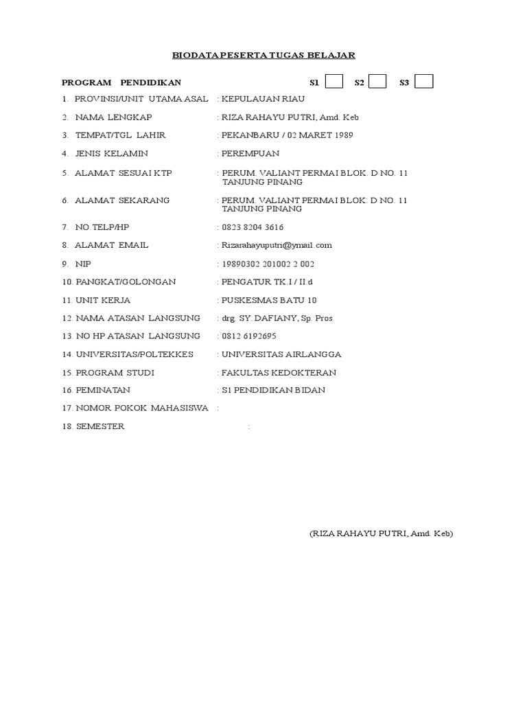 Biodata Peserta Tugas Belajar s1 Bidan | PDF | Karier & Perkembangan ...