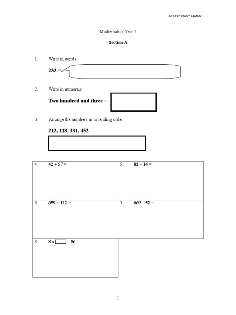 Section A: Mathematics Year 2 | PDF