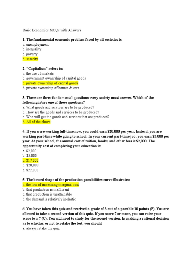Basic Economics MCQs With Answers | PDF | Demand | Monopoly