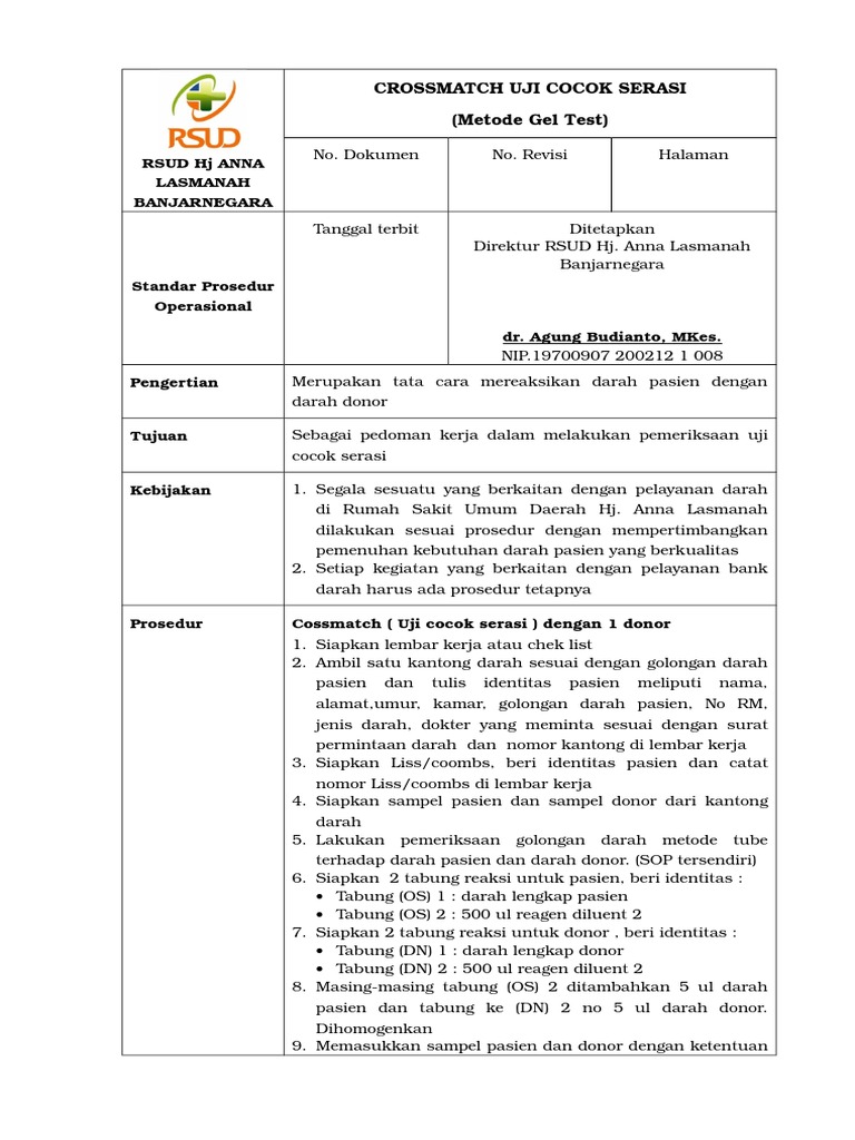 Prosedur Uji Cocok Serasi Darah RSUD | PDF