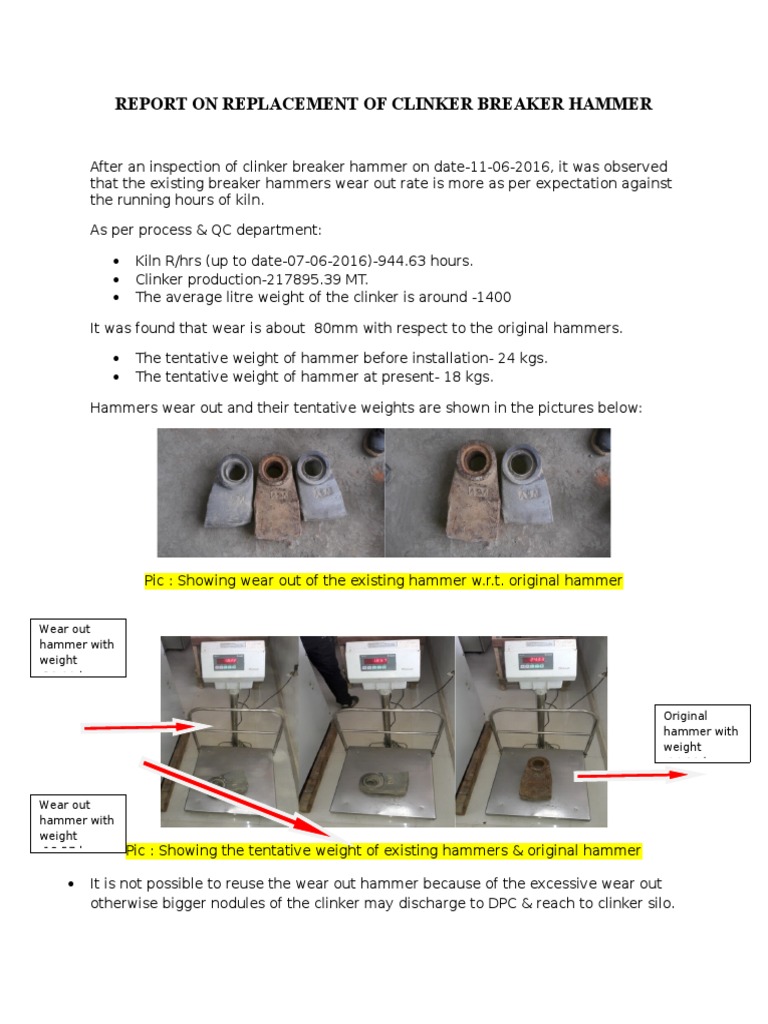Report On Clinker Breaker Hammer Wear Out | PDF