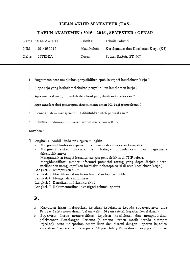 Jawaban Uas (k3) Keselamatan Dan Kesehatan Kerja | PDF | Bisnis | Komputer