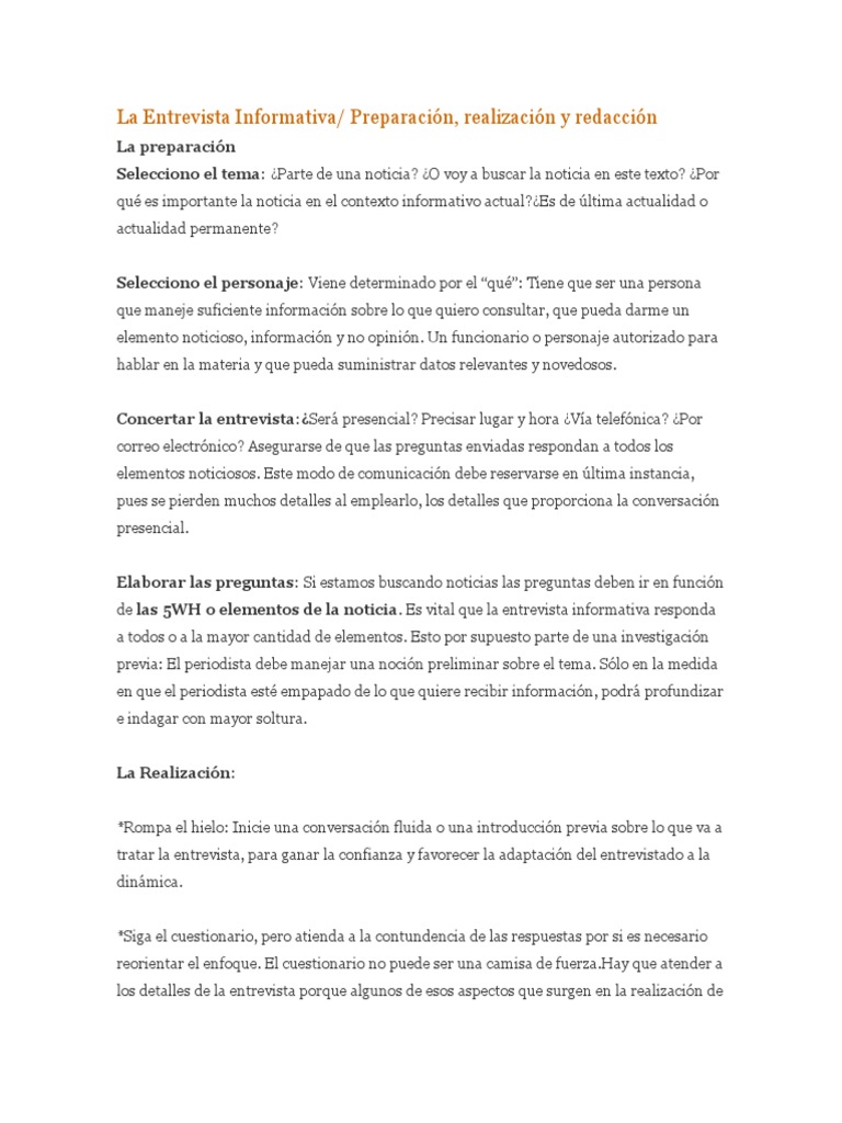 La Entrevista Informativa Preparación Realización y Redacción | PDF ...