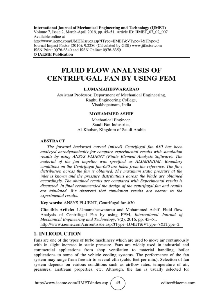 Fluid Flow Analysis of Centrifugal Fan by Using Fem | PDF | Mechanical ...