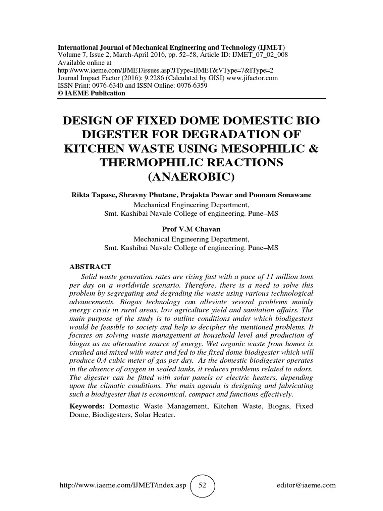 Design of Fixed Dome Domestic Bio Digester For Degradation of Kitchen ...
