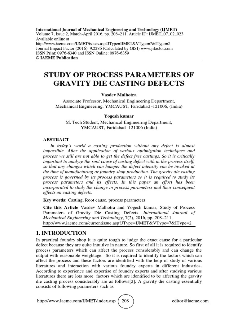 Study of Process Parameters of Gravity Die Casting Defects | PDF | Casting (Metalworking ...
