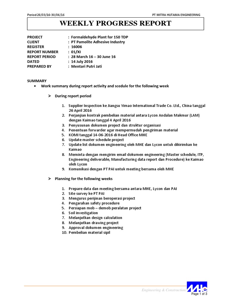 MHE - 16006 Weekly Progress 1 | PDF | Manufactured Goods | Mechanical ...