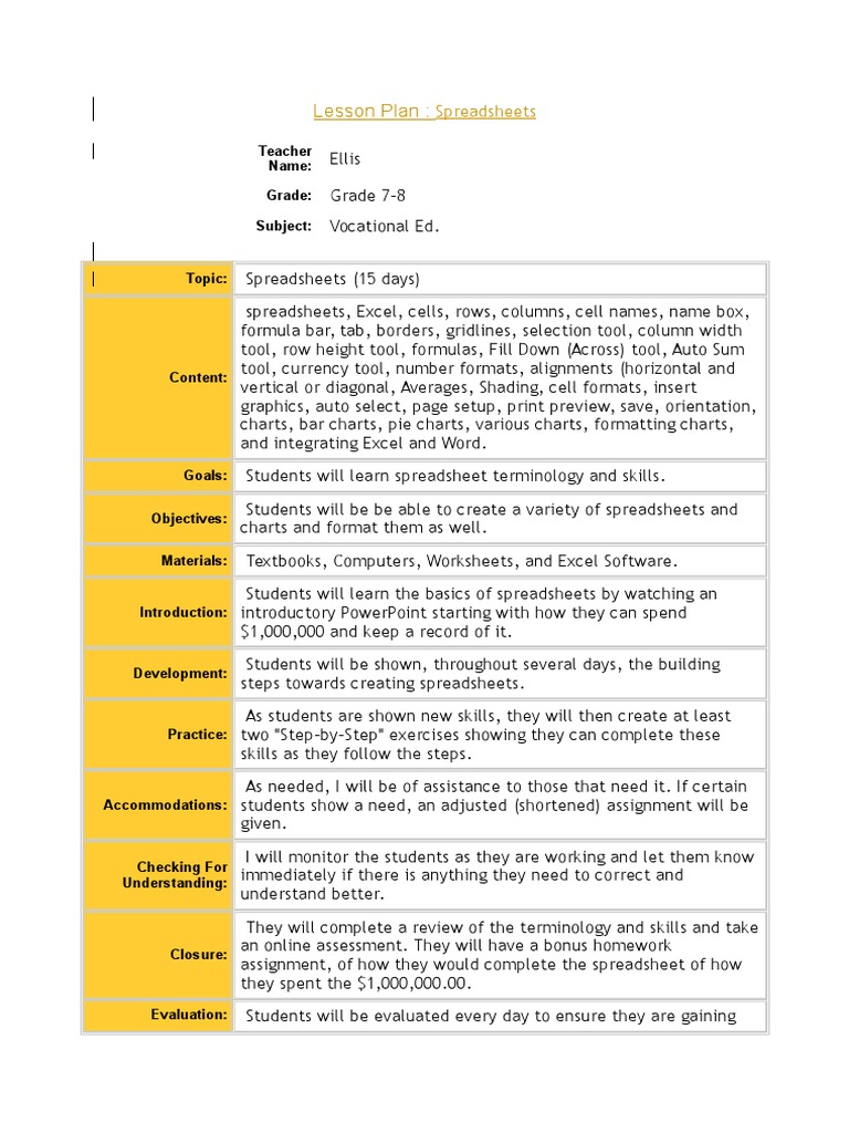 Lesson Plan:: Teacher Name: Grade: Subject | PDF | Spreadsheet | Lesson ...