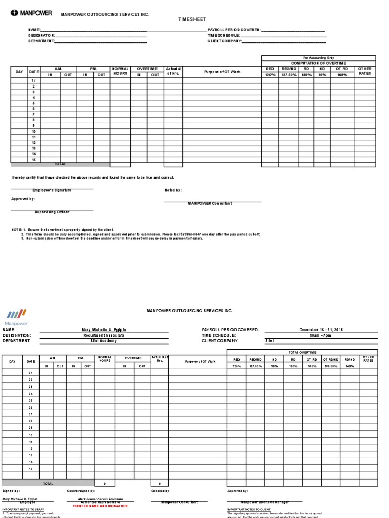 Copy of 2012 Manpower Timesheet December 16-30-1 | PDF | Payroll | Overtime