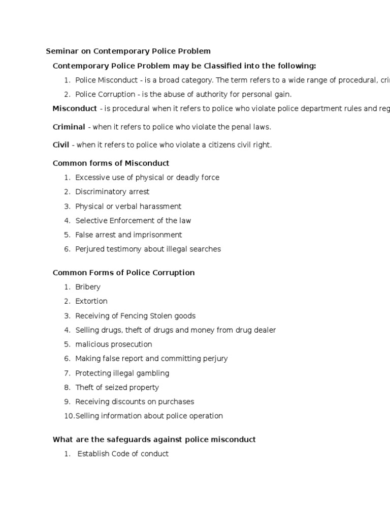 Seminar On Contemporary Police Problem | PDF | Police Misconduct | Police