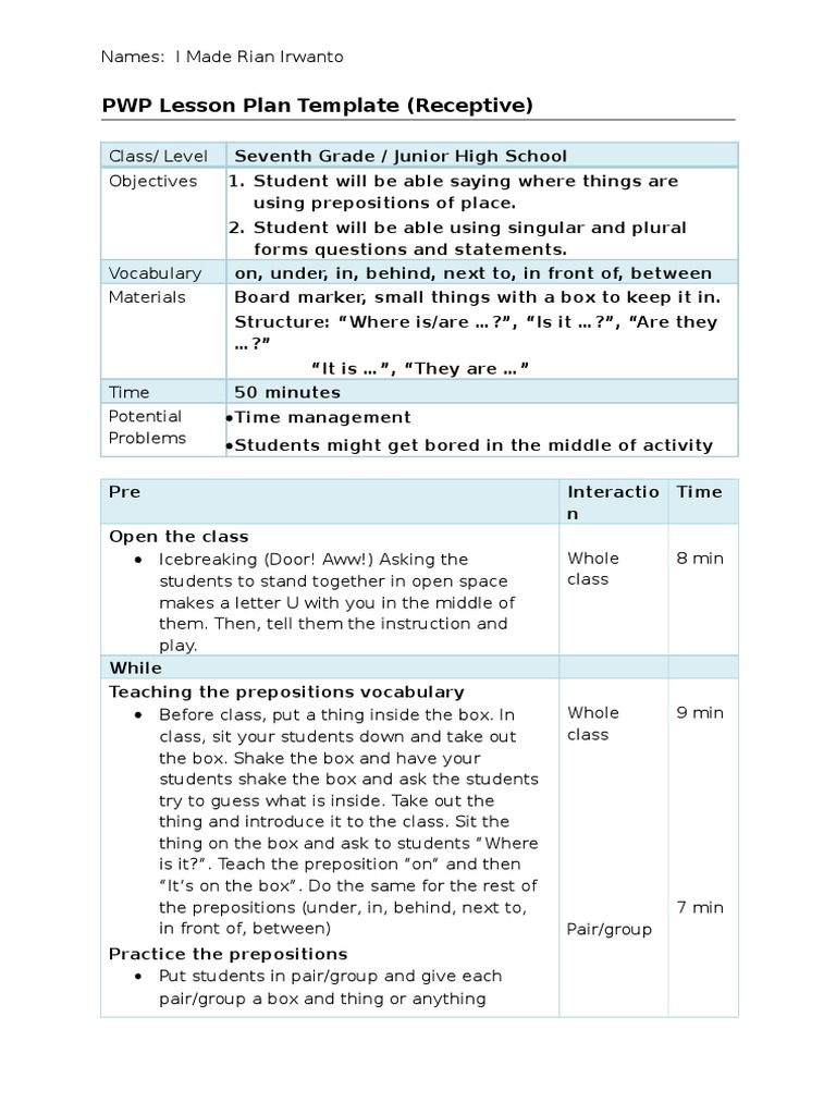 Pwp Lesson Plan Prepositions Of Place Pdf Lesson Plan Communication